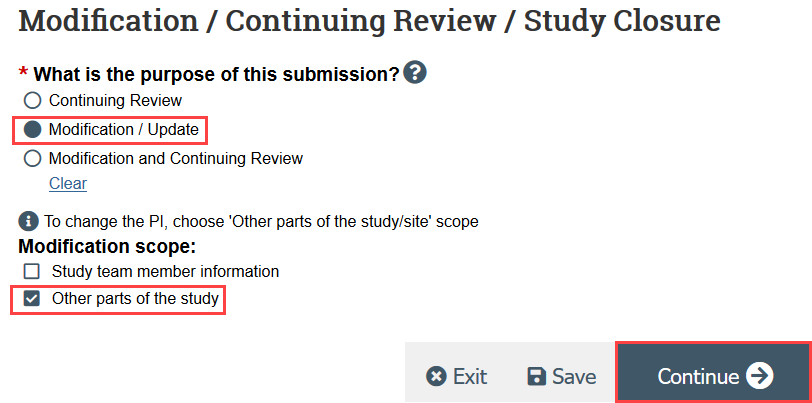 Managing Study Access-Change Study PI- Modification Form - UW Research