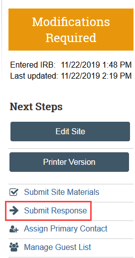 Submitting New Sites- Respond to HSD- Submit Response - UW Research