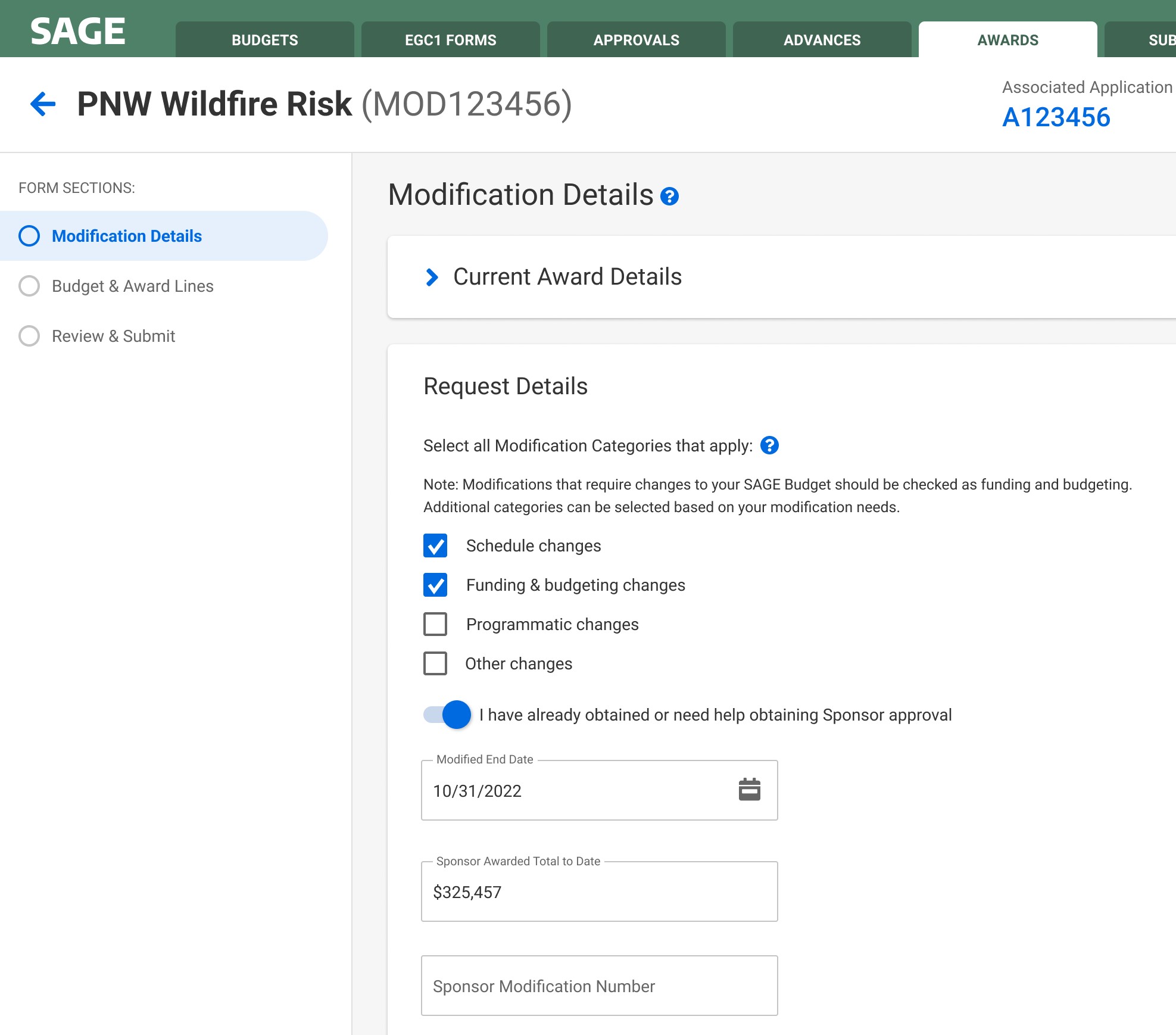 SAGE Award: Modification Details - UW Research