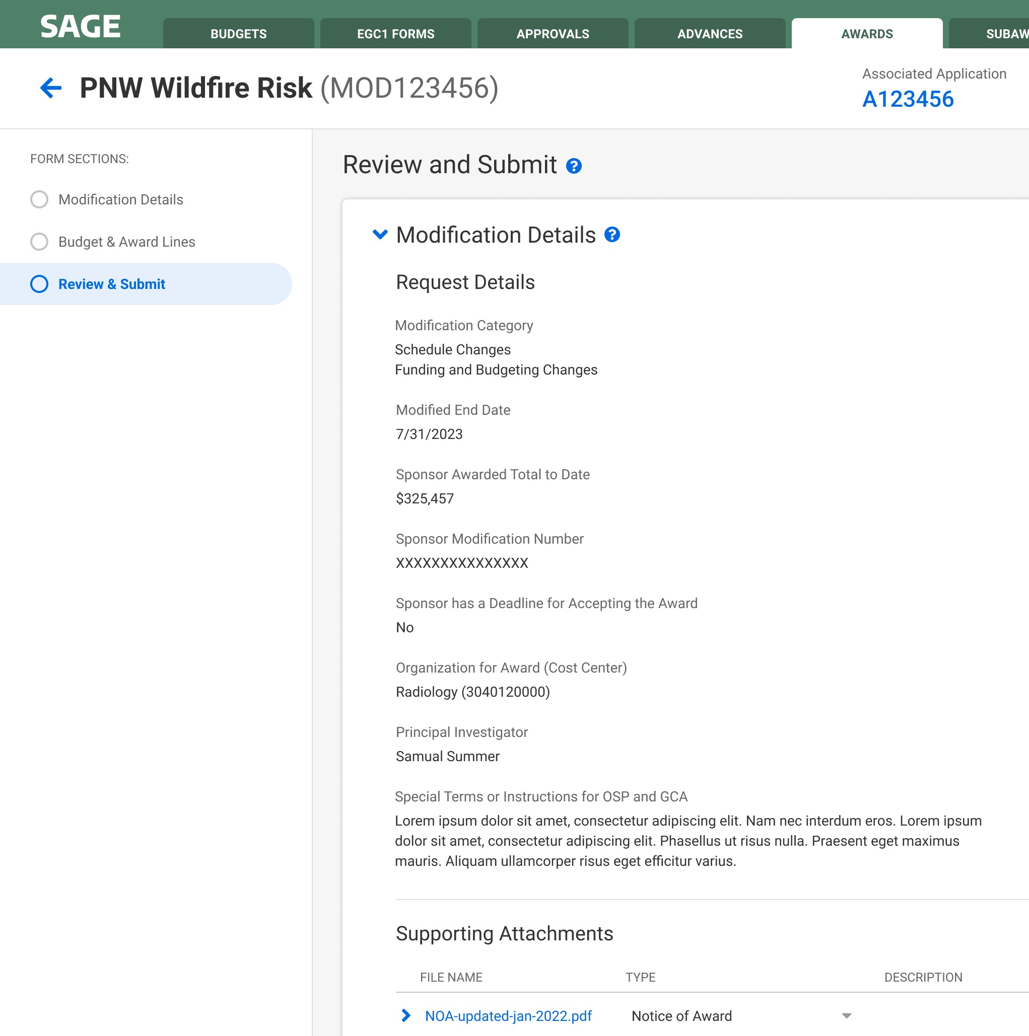 SAGE Award: Review and Submit Modification - UW Research