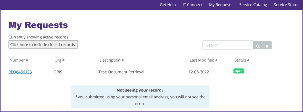My Requests Landing Page - UW Research